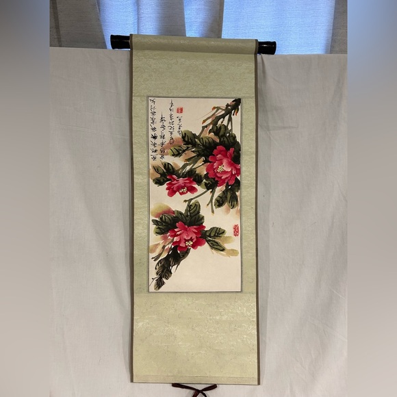 Vintage | Wall Decor | Chinese Floral Watercolor Scroll Asian Art ...